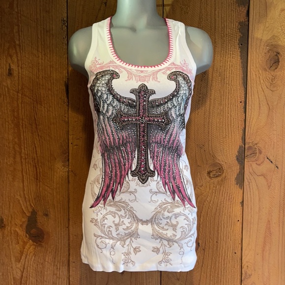 Vocal | Tops | Nwt Vocal Tank Top Moto Angel Wings Cross Sm3x White ...